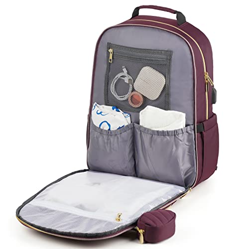 MOMUVO Diaper Bag Backpack, Quilted Baby Bag with Changing Pad & Stroller Straps & Pacifier Case, Large Travel Diaper Bags for Mom Dad, Dark Purple