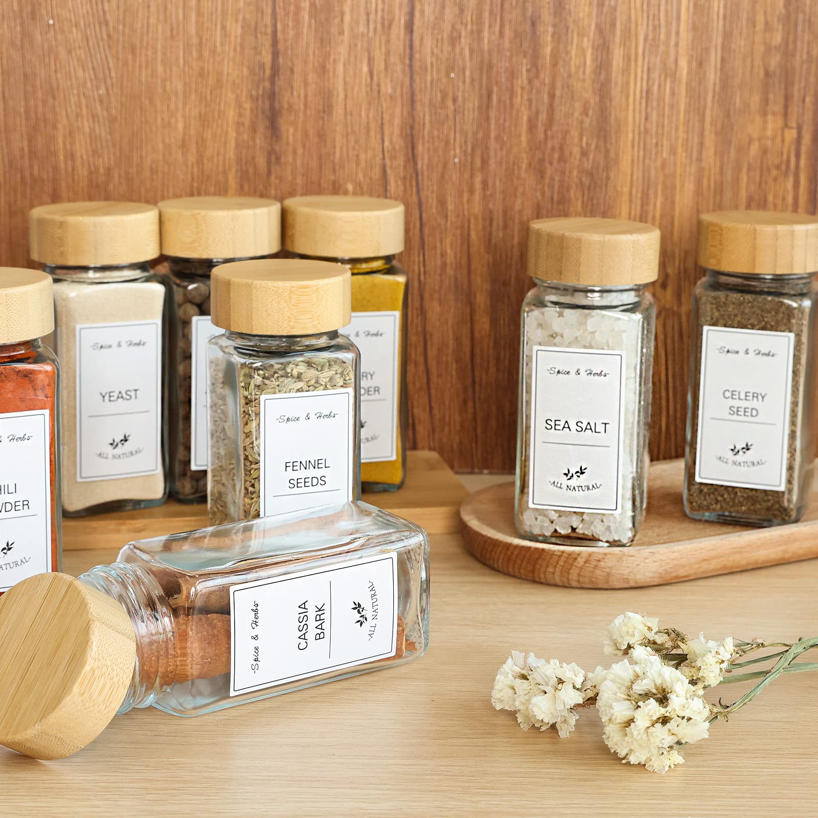 CUCUMI 36pcs 4oz Spice Jars with Labels, Glass Spice Jars with Bamboo Lids, Shaker Lids, Silicone Collapsible Funnel, Waterproof Labels, Test Tube Brush and Chalk Marker