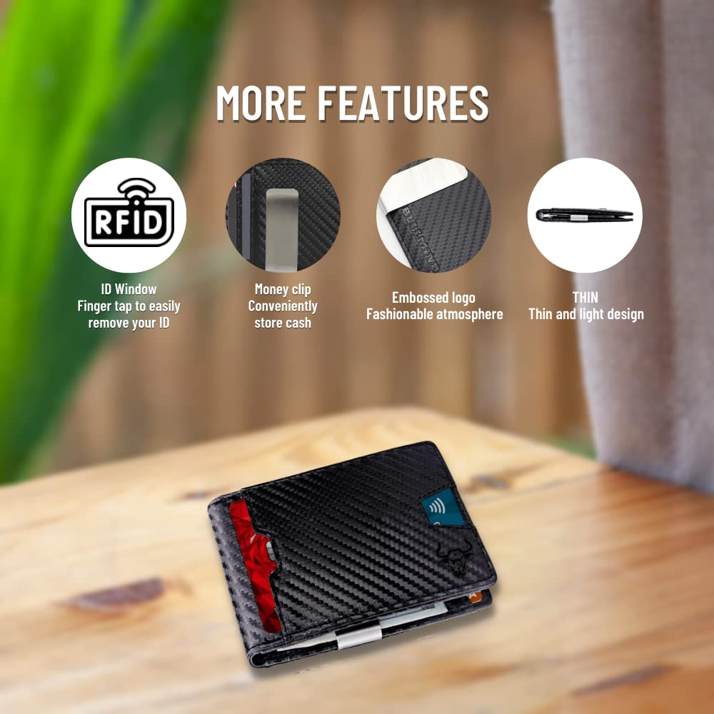 BULLMIND Wallet For Men Slim Minimalist Carbon Fiber Bifold Larger Capacity RFID Blocking With 11 Slots Credit Cards Holder with Money Clip and Box