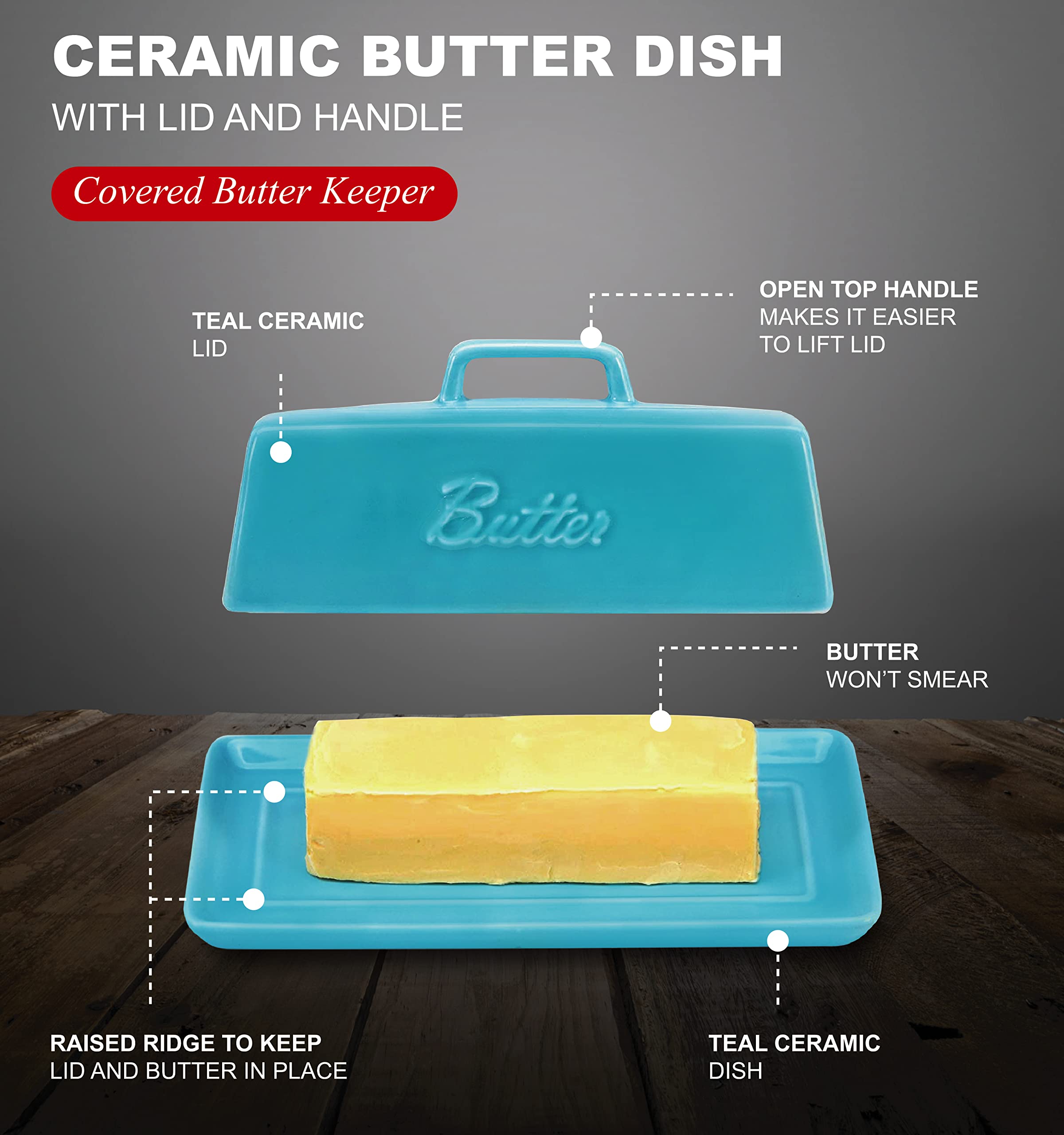 Bruntmor Porcelain Butter Keeper With Handle Cover, French Butter Dish Ceramic Butter Holder Container for Countertop, Butter Dish with Lid, Teal