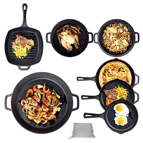 Bruntmor Pre Seasoned Kitchen Utensils Set Durable Cast Iron 8 Pc Bundle Pots And Pans Set Double Dutch Oven, 16" Pizza Pan, 3 Cast Iron Skillets & Square Grill Pan, Frying Pan| Giftable Cookware Set