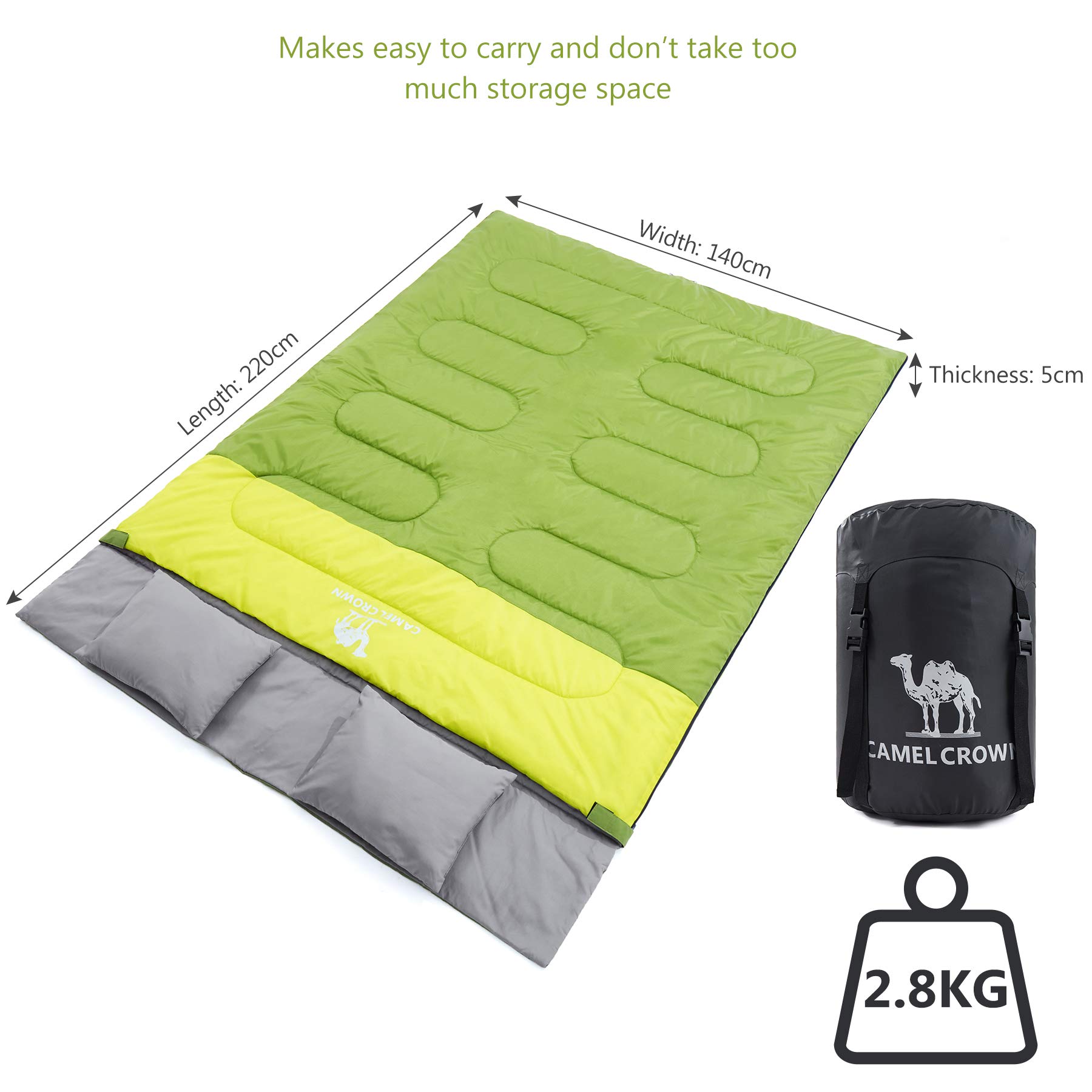CAMEL CROWN Sleeping Bag for Adults Kids Double Sleeping Bag with 2 Pillows 4 Seasons Warm & Cool Weather Lightweight Backpacking Sleeping Bag for Hiking & Camping (Fruit Green)