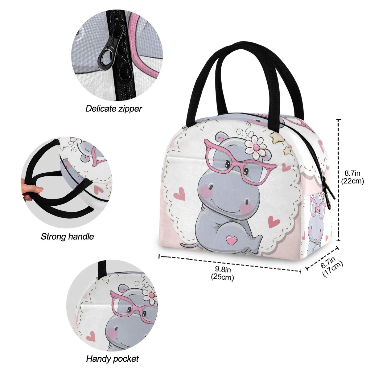 Cute Hippo Lunch Bag Tote Bag Lunch Bag for Women Lunch Box Insulated Lunch Container(93)