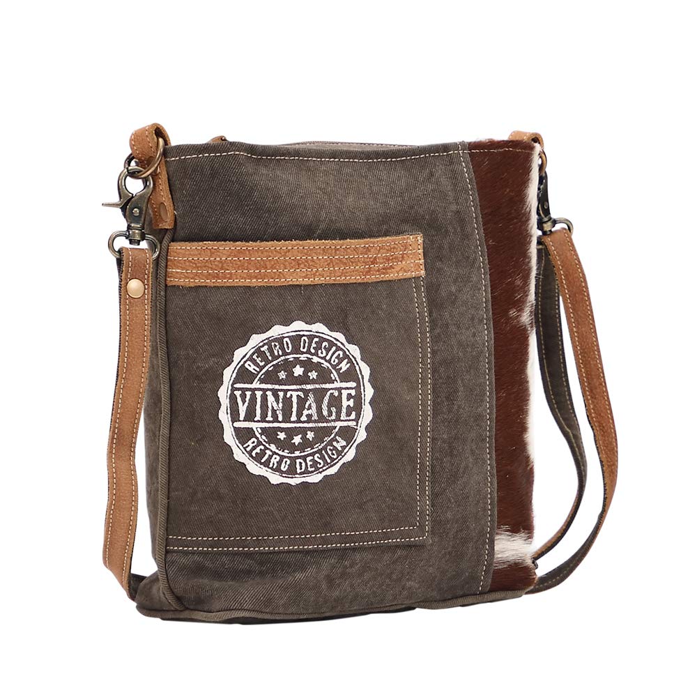 Myra Bag Vintage Stamp Upcycled Canvas & Cowhide Shoulder Bag S-1477