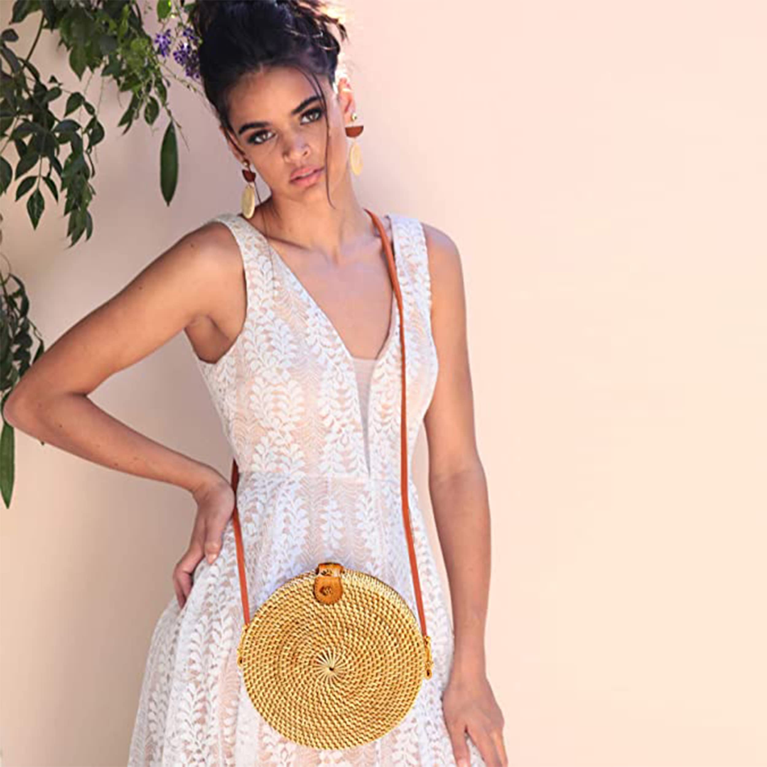 Rattan Bags for Women - Handmade Wicker Woven Purse Handbag Circle Boho Bag Bali (Brown Small)