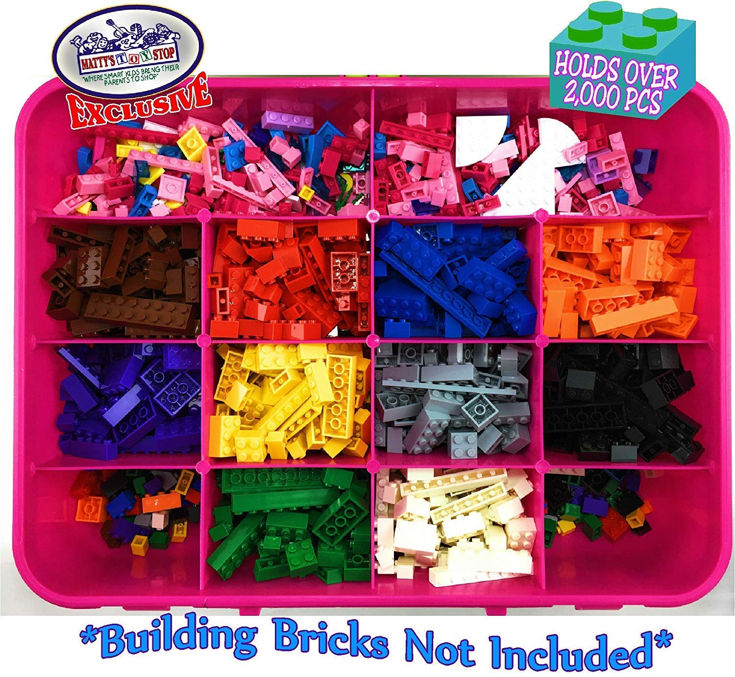 Matty's Toy Stop Brik-Kase 2.0 Travel, Building, Storage & Organizer Container Case with Building Plate Lid (Holds Approx 2000pcs) - Compatible with All Major Brands (Pink, Lime & Aqua)