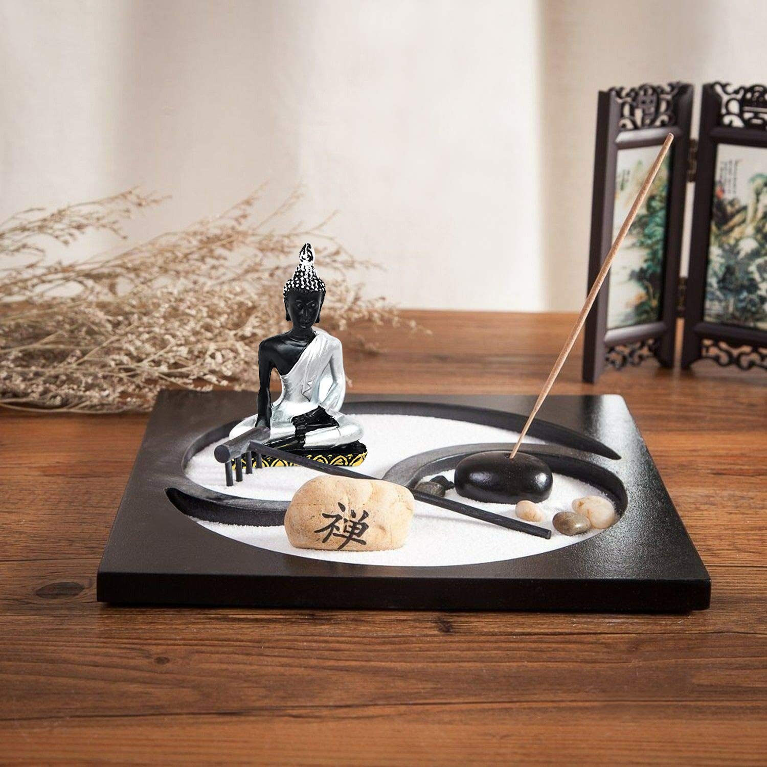 Royal Brands Yin and Yang Zen Garden with Buddha, Rake, Sand and Rock Garden, and Incense Holder β Peace and Tranquility (9"x9"x6")