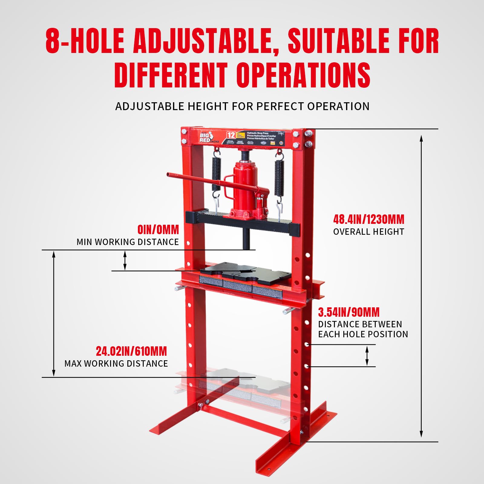 BIG RED T51201 Torin Steel H-Frame Hydraulic Garage/Shop Floor Press with Stamping Plates, 12 Ton (24,000 lb) Capacity, Red