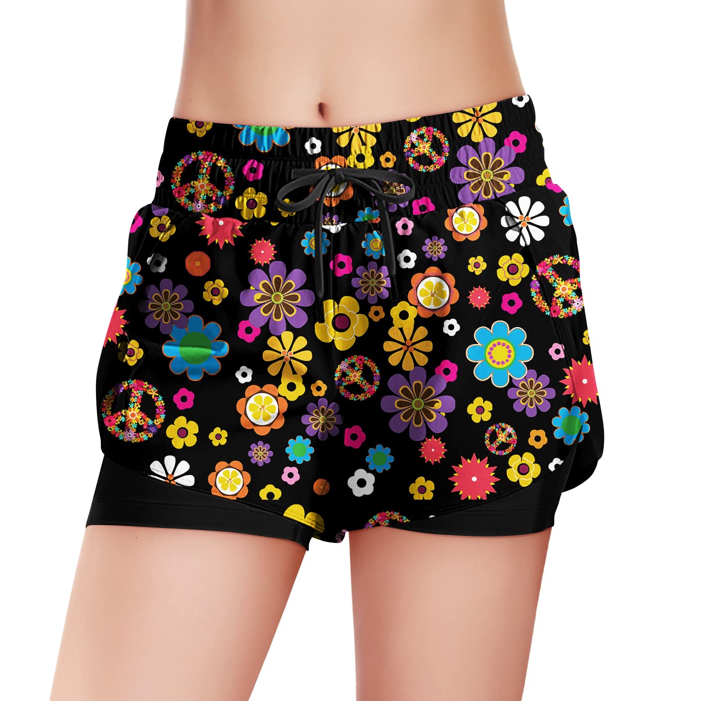 CHILL·TEK Women's 70's Groovy Flowers 2 in 1 Athletic Running Shorts with Liner Quick Dry Workout Yoga Gym Shorts with Phone Pocket