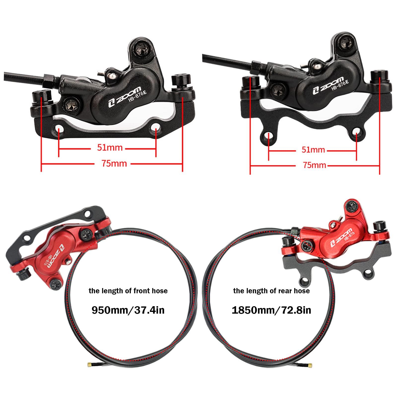 CooMeng Zoom HB876E 2-PIN 4-Pistons E-Bike Electric Power-Off Hydraulic Brake Set with 180mm Rotors, Pre-Bled Hydraulic Disc Brake Caliper Lever for eBike (Included Mounting Adapter) - Black