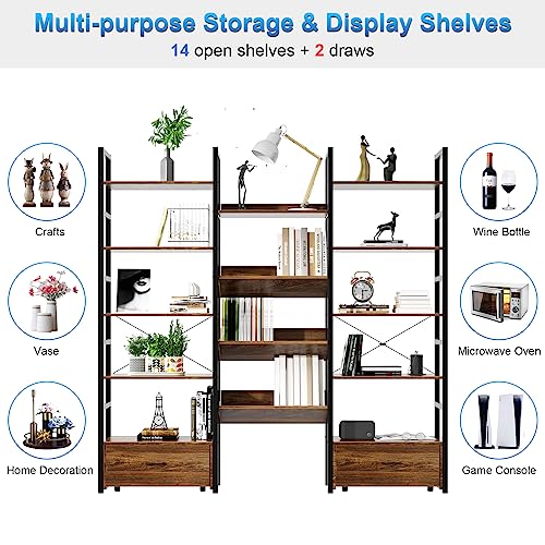 HSSZXFR Triple Wide Bookshelf 5-Tier with 2 Drawers, Industrial Bookshelves Sturdy Wood and Metal, Bookcase Spacious for Display and Storage, Large Display Rack for Home Office