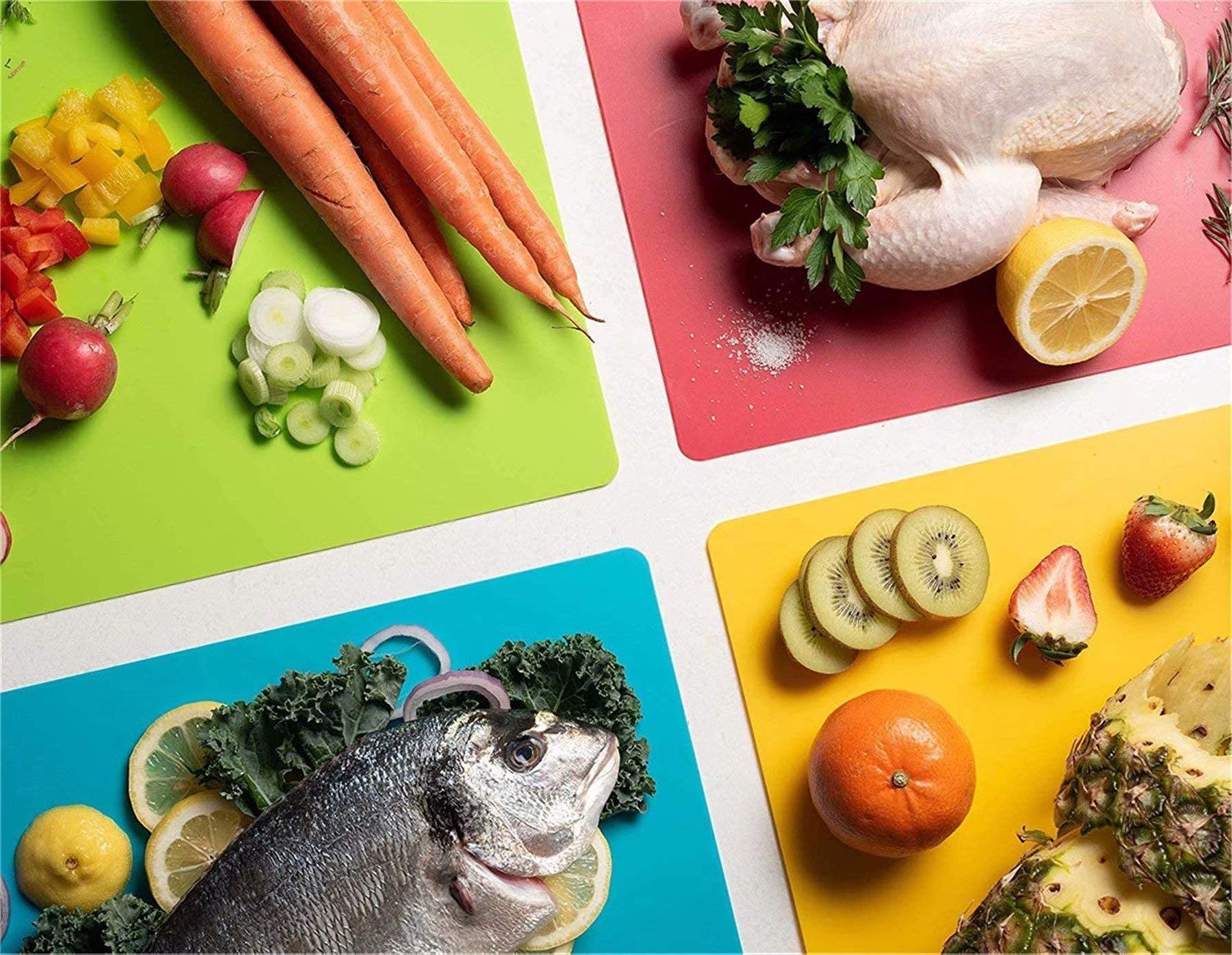 Bedoo, Extra Thick Flexible Plastic Kitchen Cutting Board, Set of 6 Mats With Food Icons & Easy-Grip Handles, BPA-Free, 12 x 15in, 6 colors set