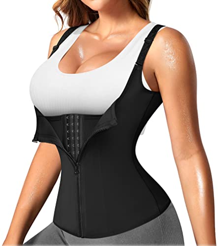 Nebility Women Waist Trainer Corset Zipper Vest Body Shaper Cincher Tank Top with Adjustable Straps (L, Black)
