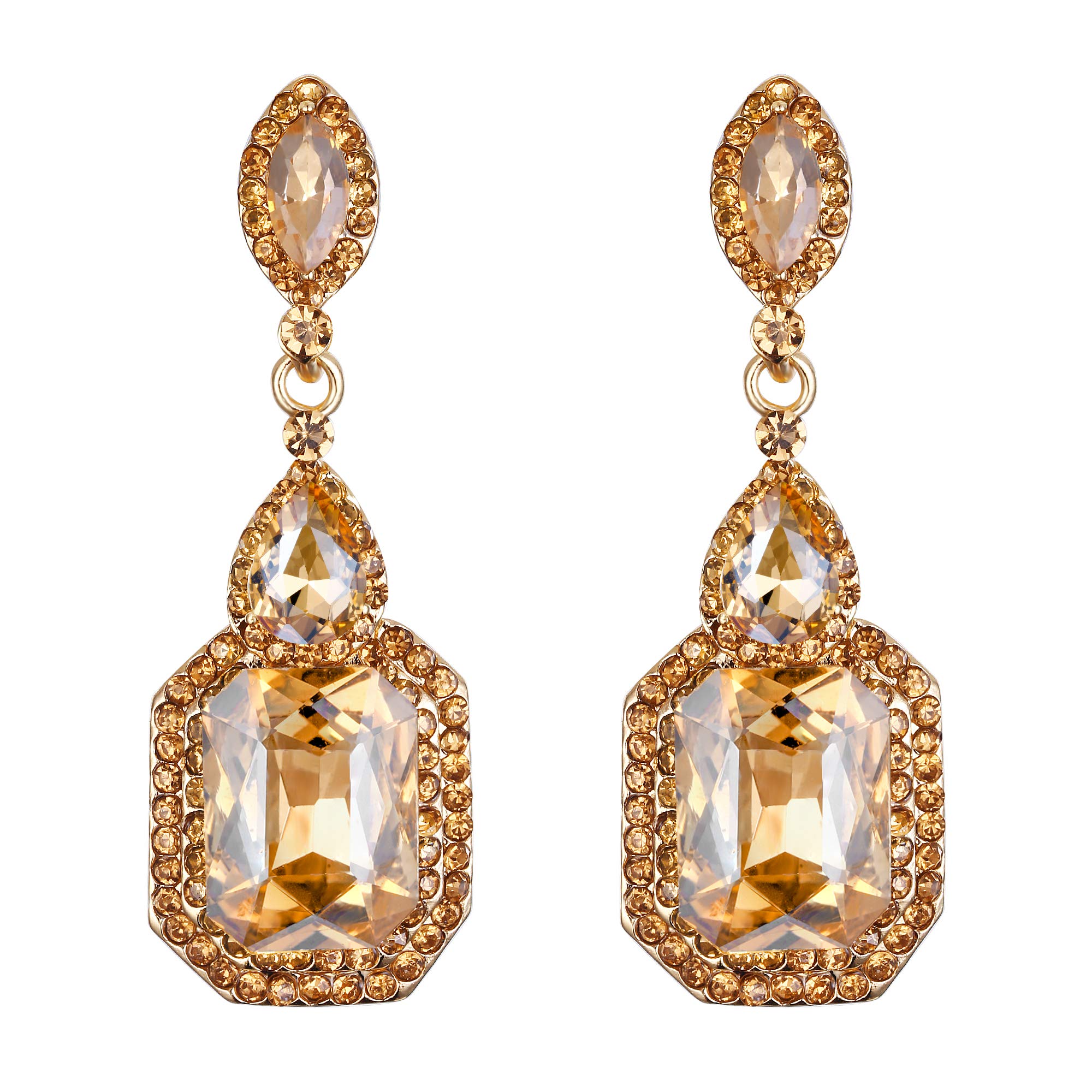 BriLove Wedding Bridal Clip On Earrings for Women Crystal Emerald Cut Infinity Figure 8 Dangle Earrings Champagne Gold-Tone