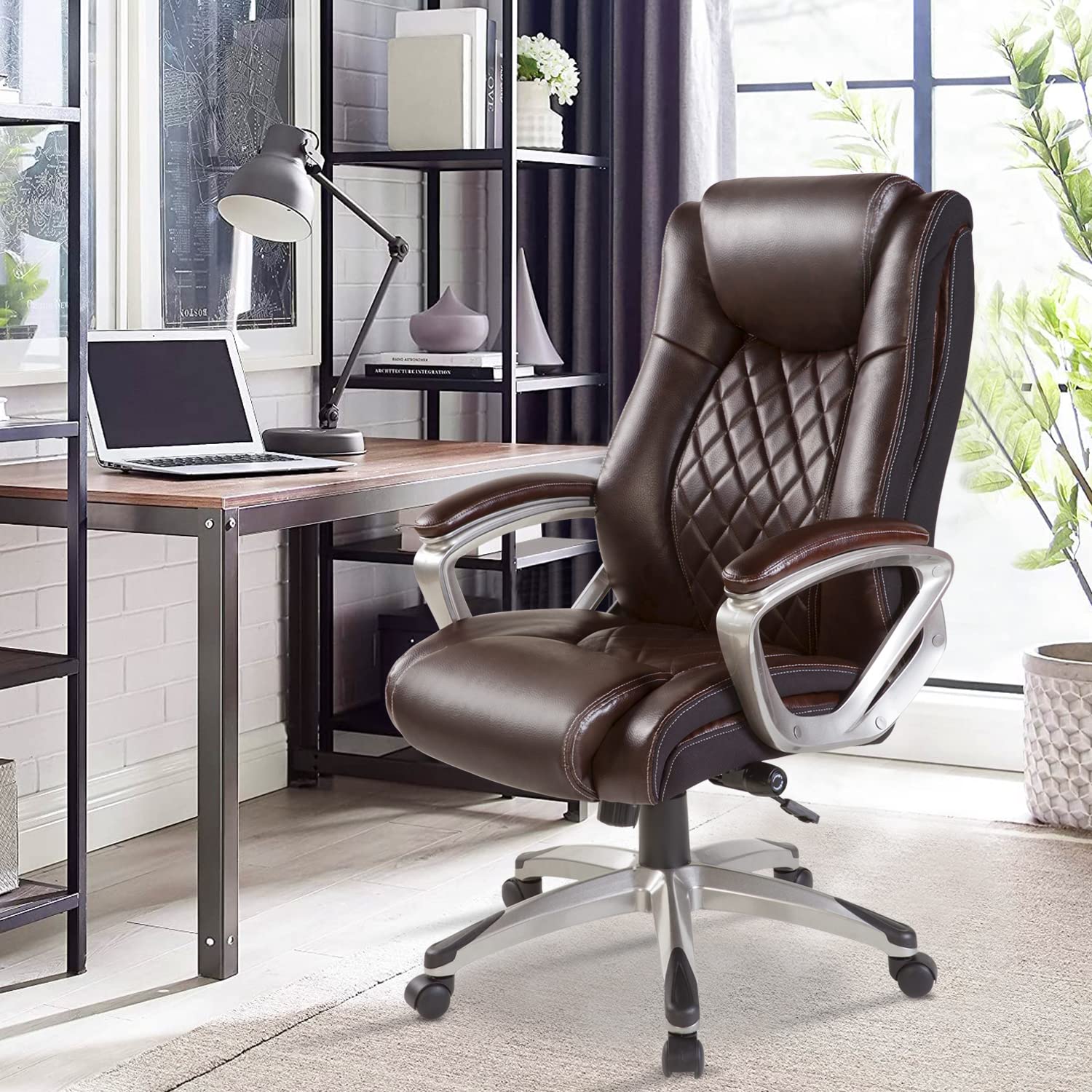 BOWTHY High Back Executive Office Chair 300lbs - Adjustable Built-in Lumbar Support, Ergonomic Leather Computer Desk Chair with Padded Armrest Swivel Chair for Home and Office (Brown)
