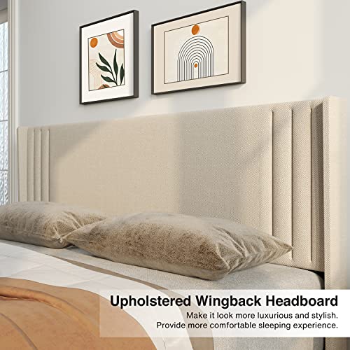 Gizoon Queen Bed Frame with Wingback Headboard, Upholstered Platform Bed with Modern Geometric Headboard, Wooden Slats, Noise-Free, No Box Spring Needed