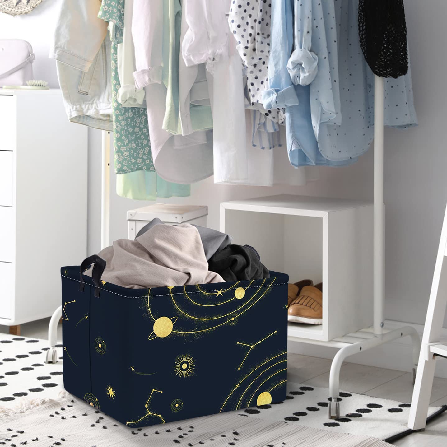 Clastyle Waterproof Universe Planet Storage Baskets for Bedroom Collapsible Blue Outer Space Rectangle Clothes Storage Bin, 15.7 * 11.8 * 11.8 in