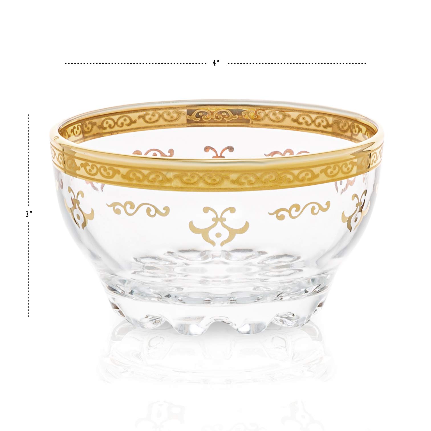 Clear Glass Dessert Bowls/Cups with Rich Gold Design-Set of 6- Measures: 4"D x 3"H