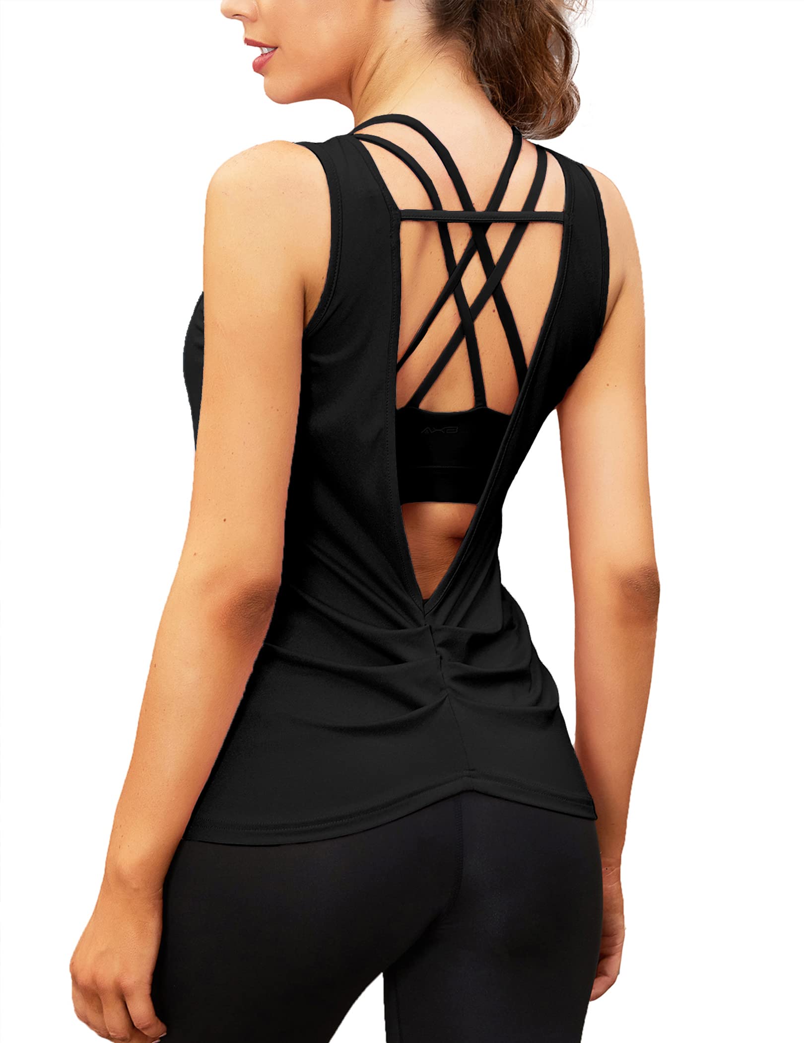 COOrun Women Workout Tank Tops Backless Yoga Shirt Open Back Running Activewear Sports Shirts Black