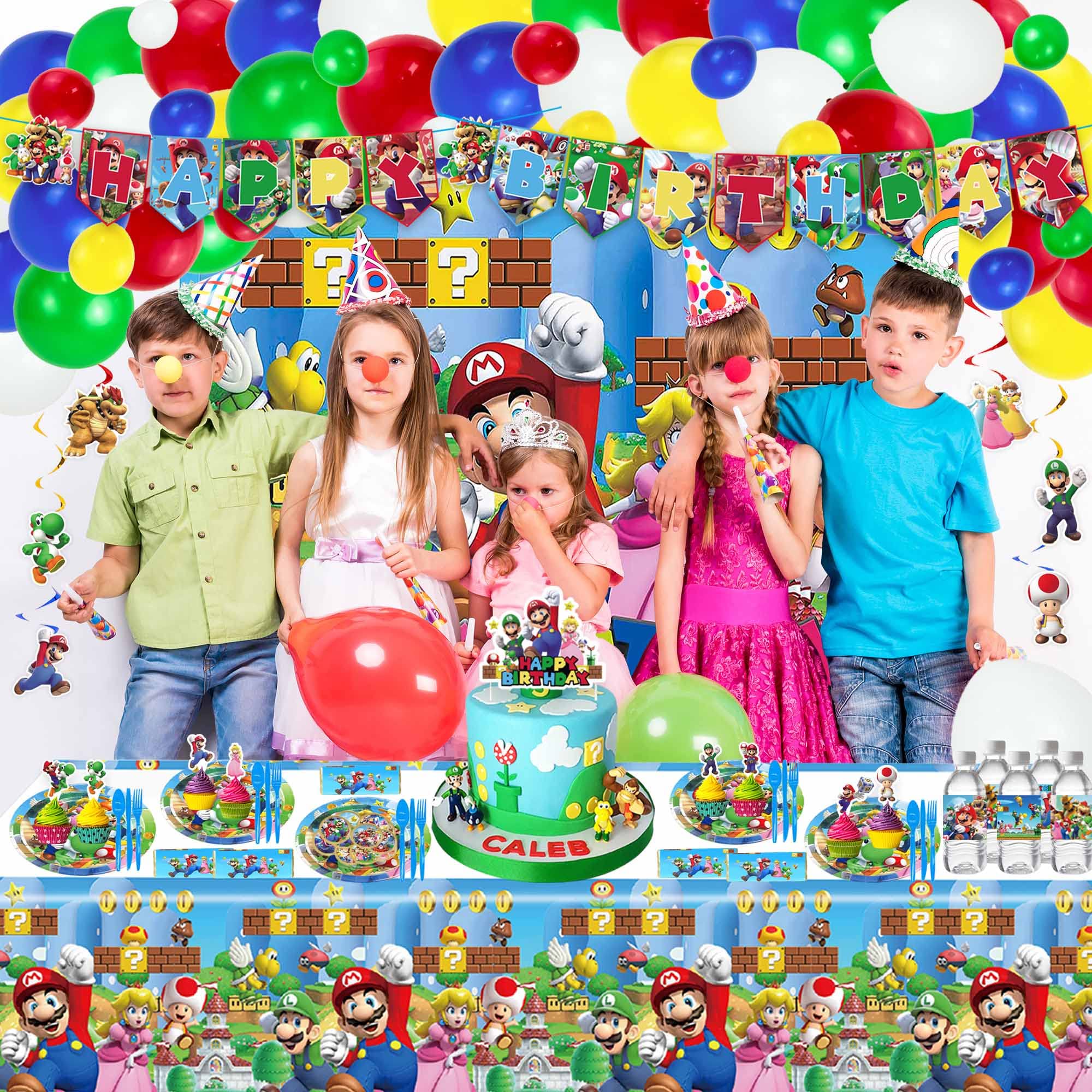 Mario Birthday Party Supplies, Mario Bros Party Decorations Include Banner, Hanging Swirls, Backdrop, Tableware, Cake Toppers, Bottle Labels, Chocolate Stickers