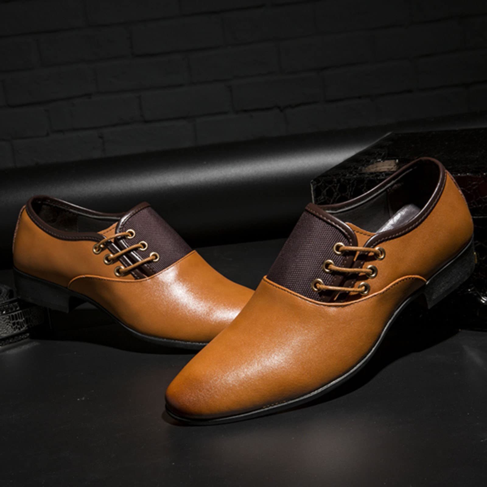 Classical Style Leather Shoes for Men Slip On PU Leather Low Rubber Sole Block Heel Work Casual Boots Wide Yellow