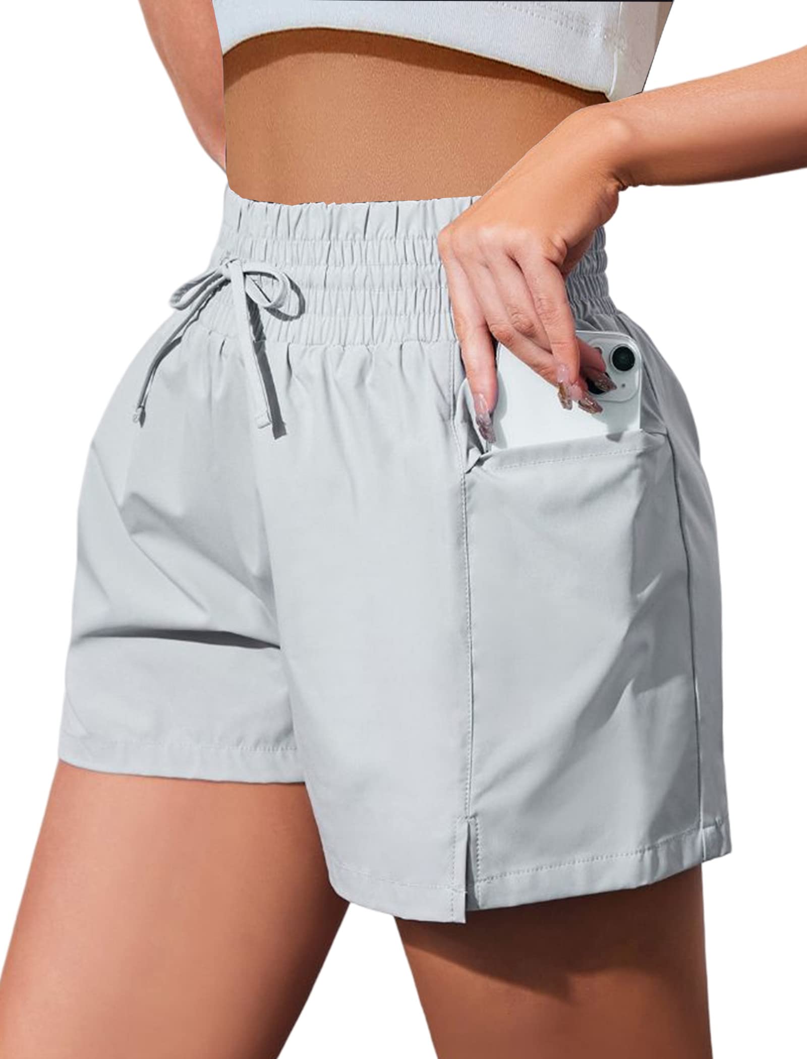 COOrun Women's Athletic Shorts High Waisted Running Shorts Pocket Sporty Shorts Gym Elastic Workout Shorts A-Black
