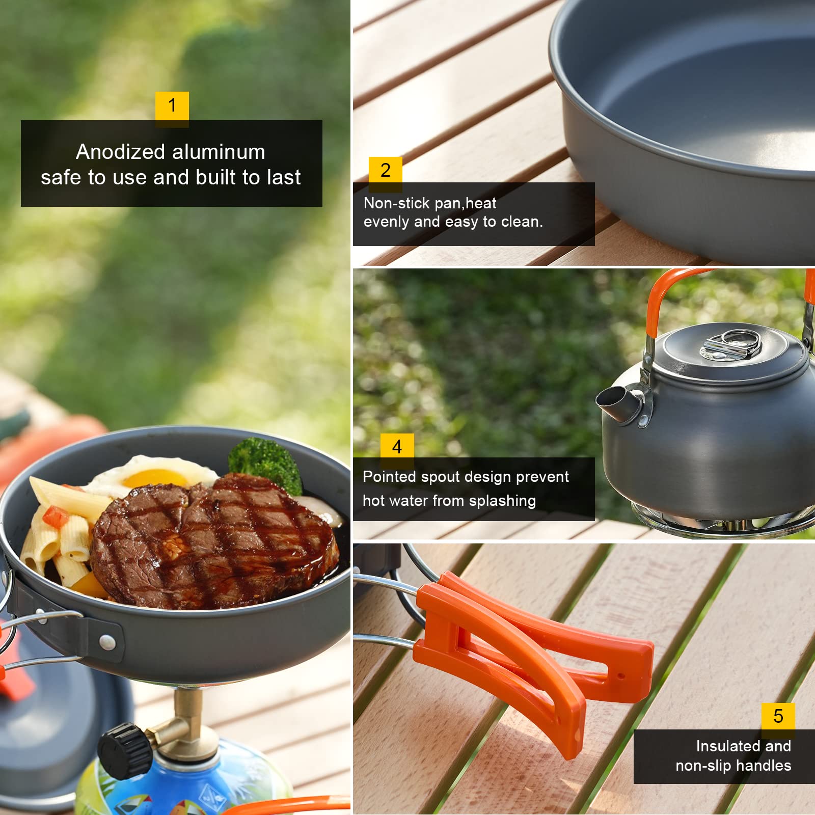 Camping Cooking Set,16PCS Camping Utensils Cooking Set, Camping Mess Kit with Camping Pots and Pans Set, Stainless Steel Cups Plates Forks Knives Spoons Camping Essentials for Tenting
