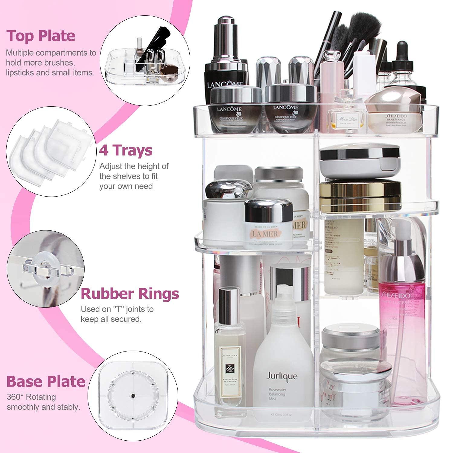 Boxalls Makeup Organizer 360 Degree Rotating Storage, Multi-Function Clear Carousel Cosmetic Organizer with 5 Layers Large Capacity, Great for Countertop Vanity Bathroom Bedroom, Square Shape