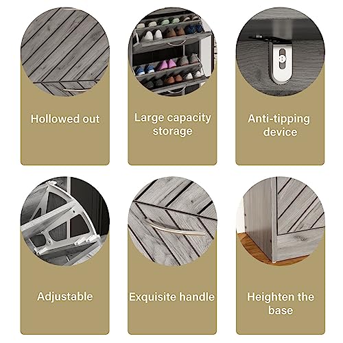 FAMAPY Modern Shoe Cabinet with 3 Flip Drawers, Freestanding Shoe Storage Cabinet, Slanted Design, Shoe Storage Organizer for Hallway Entryway Grey (22.4”W x 9.4”D x 42.3”H)