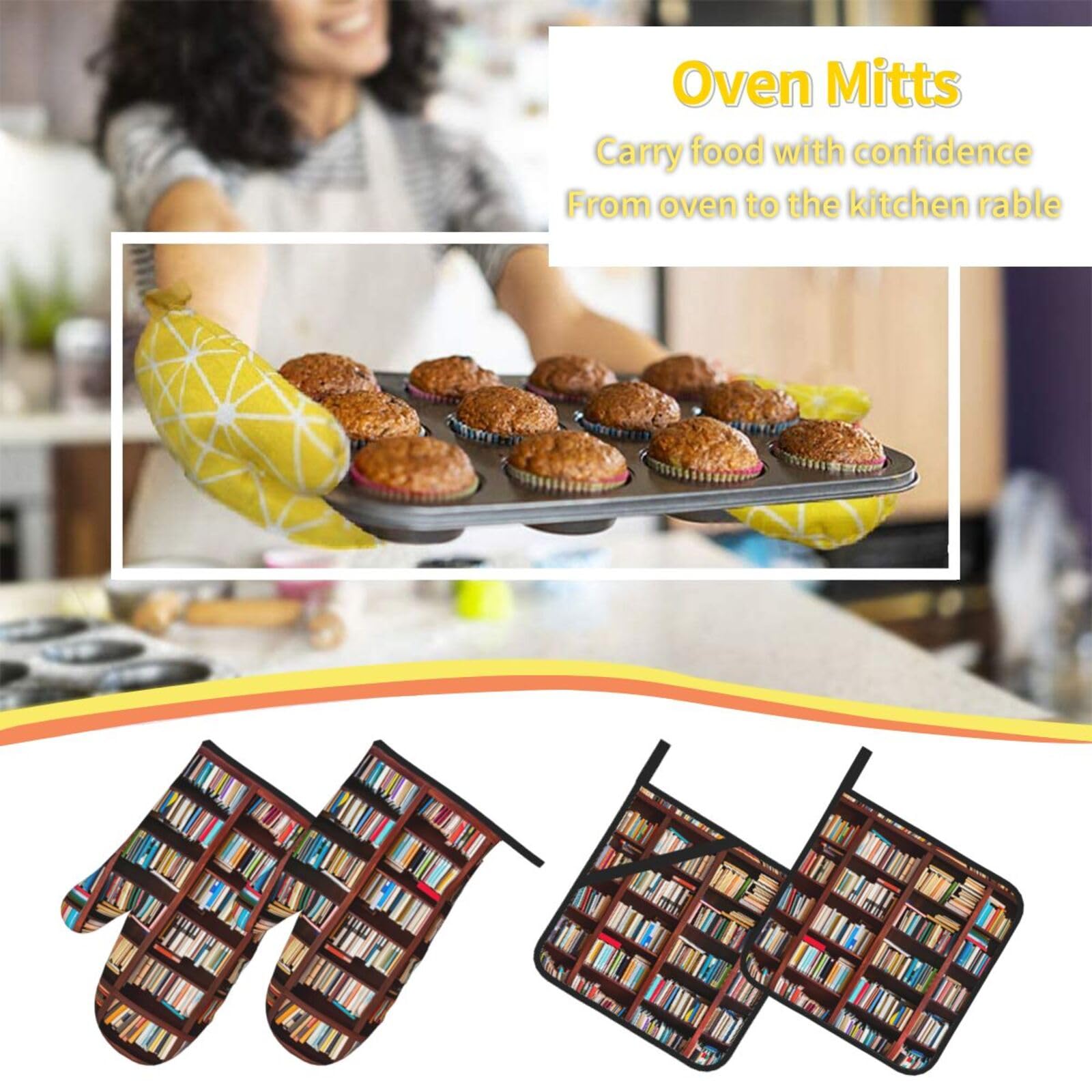 Books Kitchen Baking 4-Piece Set–Heat Resistant Oven Mitts and Pot Holders Kitchen Hot Pads