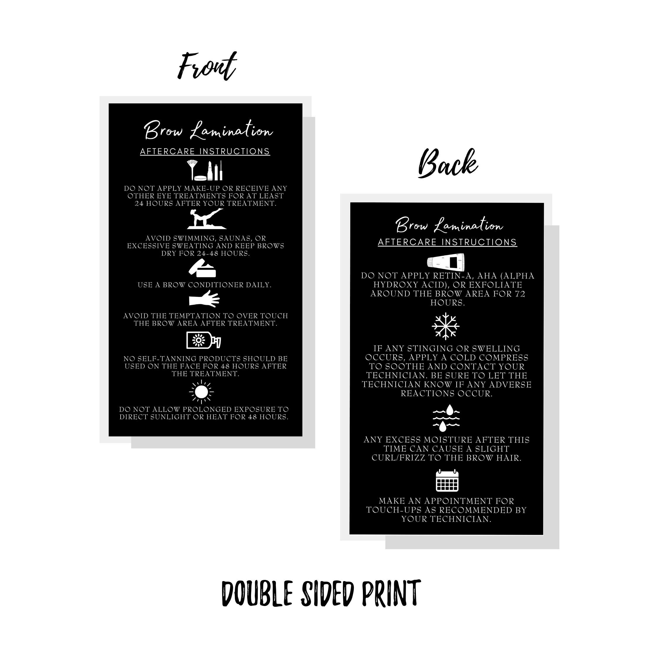 Brow Lamination Aftercare Instruction Cards | 50 Pack | 2x3.5β inches Business Card Size | Starter Lift Kit At Home DIY Brow Lift and Tint | Snatched Brows Black with White Icons Design