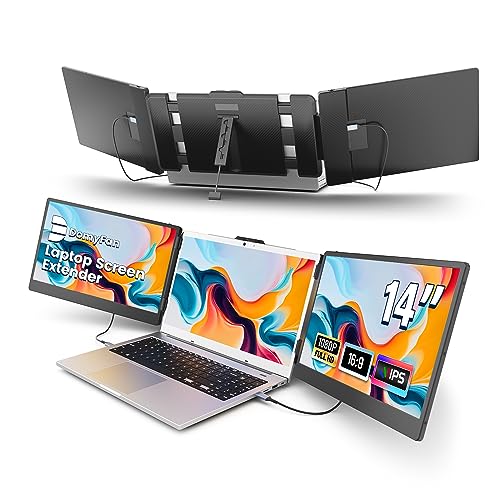 domyfan 14" Laptop Screen Extender, FHD 1080P IPS Triple Portable Monitor for Laptop, HDMI/USB-A/Type-C Plug and Play for Windows, Mac, Chrome, Switch & PS4/5, Work with 13.3”-17.3” Laptops