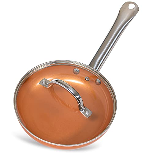 FOOD BOUTIQUE Copper Nonstick Ceramic Frying Pan with lid ā 8-inch Egg Cooking Pan with tamper glass lid