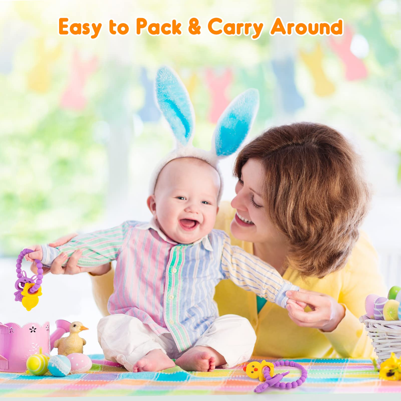 Bunny Easter Teething Toys for Baby 3-6 Months Soft & Easy Grip Silicone Baby Easter Basket Stuffers Infant Teething Toys Relief Chocking-Proof Gifts Boys Girls
