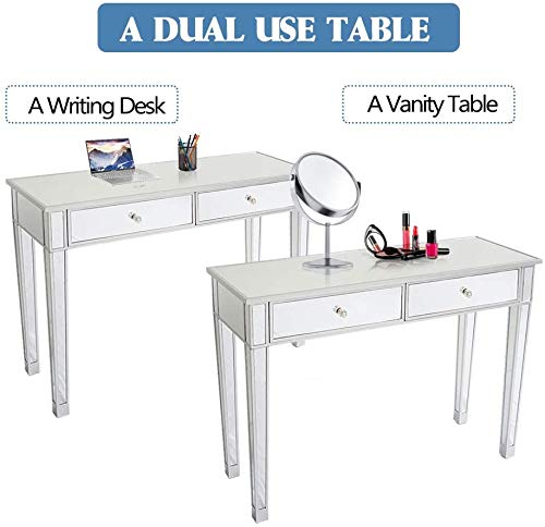 Binrrio Mirrored Console Table, Silver Glass Mirrored Makeup Vanity Table Desk for Women, Writing Desk Media Console Table for Home Living Room Bedroom Office Smooth Finish (Sliver-2 Drawers)