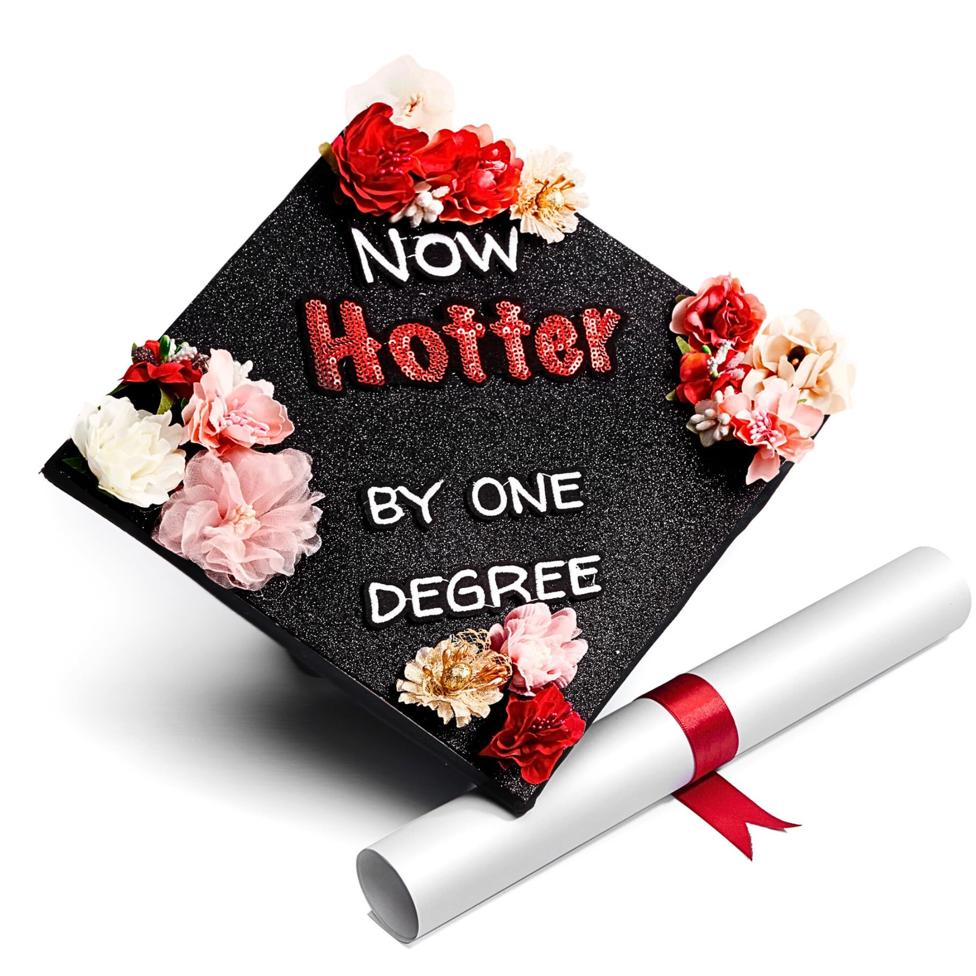 GRADWYSE Black Glitter Graduation Cap Topper with Flowers, Graduation Cap Decorations, Class of 2024 Grad Cap Topper, Now Hotter by One Degree