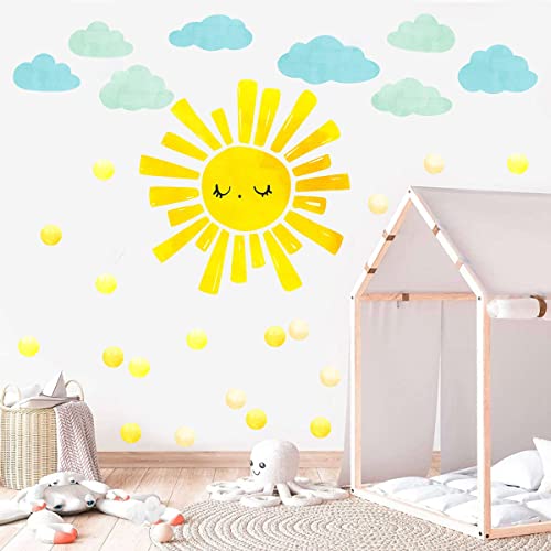 Watercolor Sun and Clouds Wall Decals Polka Dots Decal Clouds Wall Stickers Peel and Stick Sun Wall Stickers for Kids Nursery Bedroom Living Room Decor
