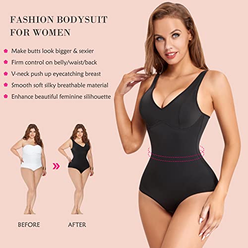Nebility Women Waist Trainer Shapewear Slim Body Shaper Deep V Neck Thong Bodysuit Tummy Control Jumpsuit Tops (M, Black)