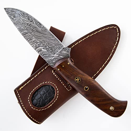 BIGCAT ROAR Handmade Damascus Hunting Knife - Bushcraft Fixed Blade Hunting Knife with Sheath and Walnut Wood Handle - 9″ EDC Skinning Knife - Little Champ