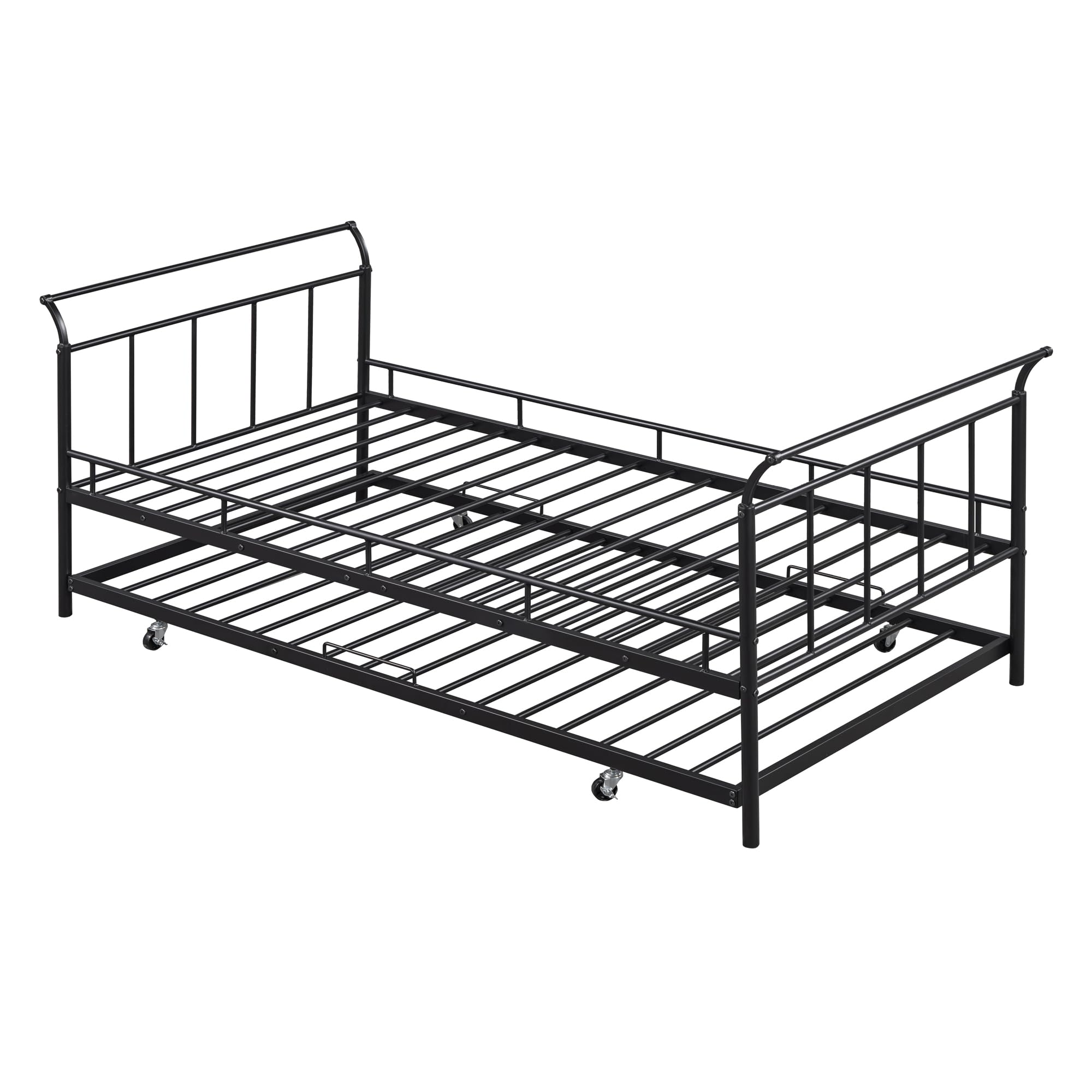 Full Size Metal Daybed with Curved Handle Design and Twin Size Trundle, Black