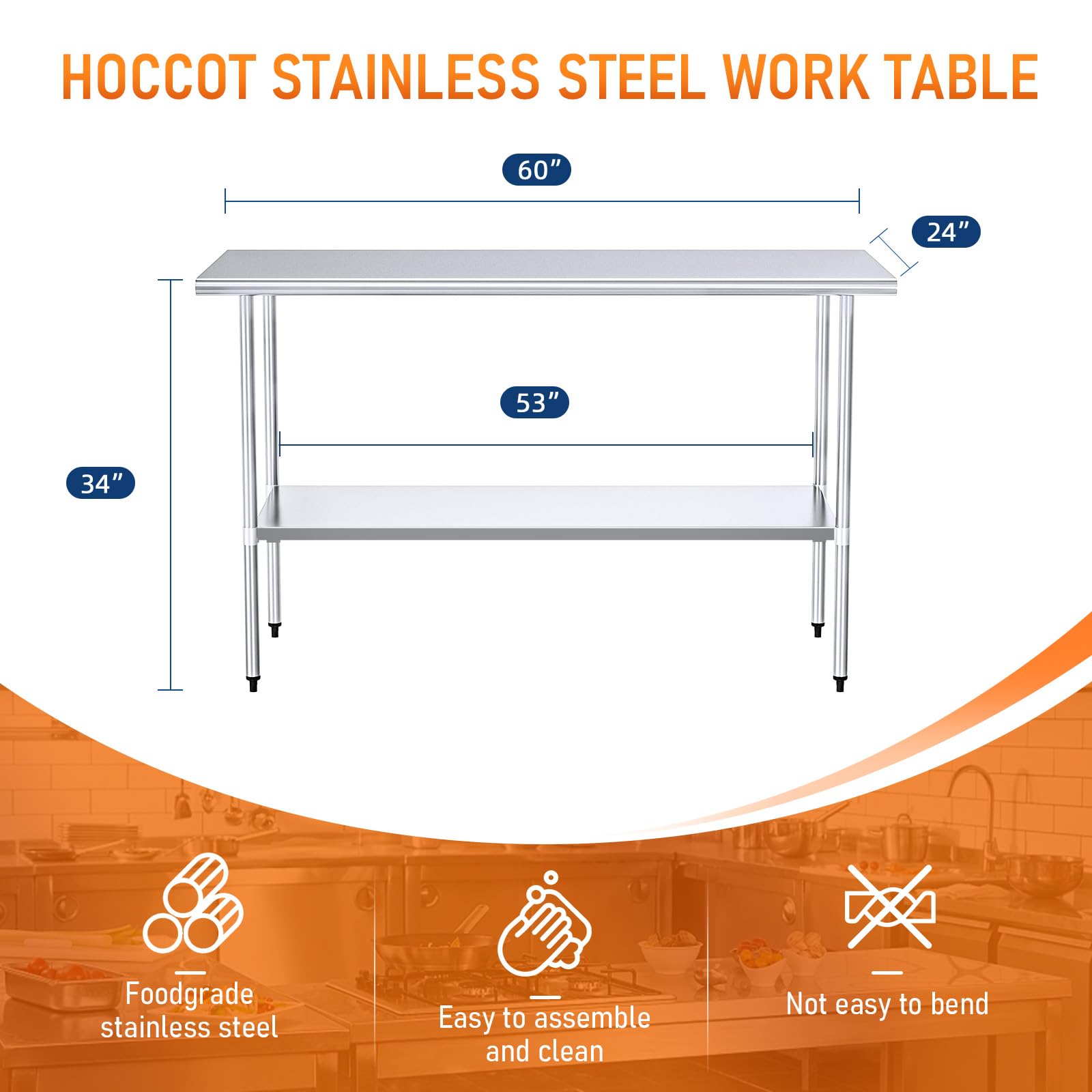 HOCCOT Stainless Steel Table for Prep & Work 24" X 60" inches with Adjustable Shelf, Commercial Workstations, Utility Table in Kitchen Garage Laundry Room Outdoor BBQ