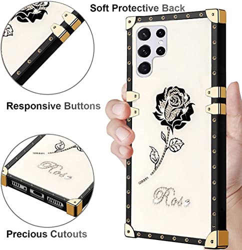 for Samsung S23 Ultra 5G Phone Case,Babemall Luxury Bling Diamond Rose Stylish Protective TPU Cover with Reflective Neck Strap (White)