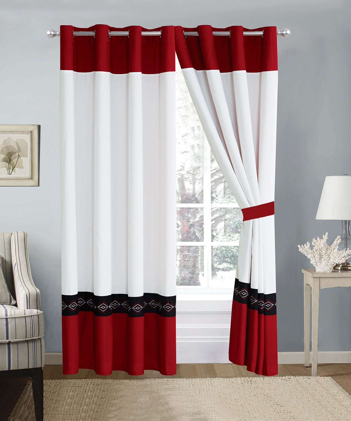 Grand Linen 3 Piece Queen Size Burgundy RED/Black/White Double-Needle Stitch Puckered Pinch Pleat-Embroidered Duvet Cover Set
