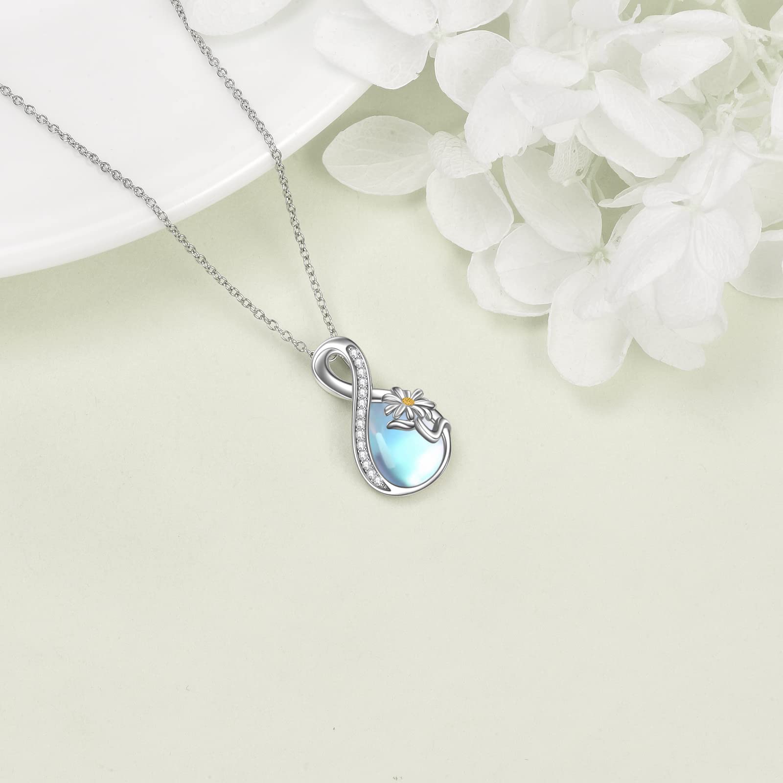 CRMAD Daisy Moonstone Necklace for Women Sterling Silver Teardrop Pendant Gifts (daisy)