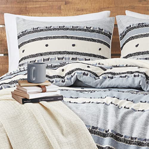 Hyde Lane Boho Blue King Comforter Set ,Modern Farmhouse Tufted Bedding Sets, Cotton Top with Neutral Rustic Style Clipped Jacquard Stripes, 3-Pieces Including Matching Pillow Shams (104x90 Inches)