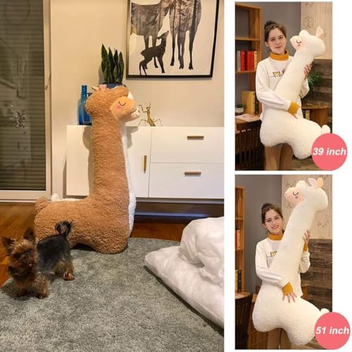 Hofun4U Llama Plush Pillow, 51 Inch Alpaca Plush Long Body Pillow, Alpaca Stuffed Animal, Christmas Holiday Birthday Gift (Brown)