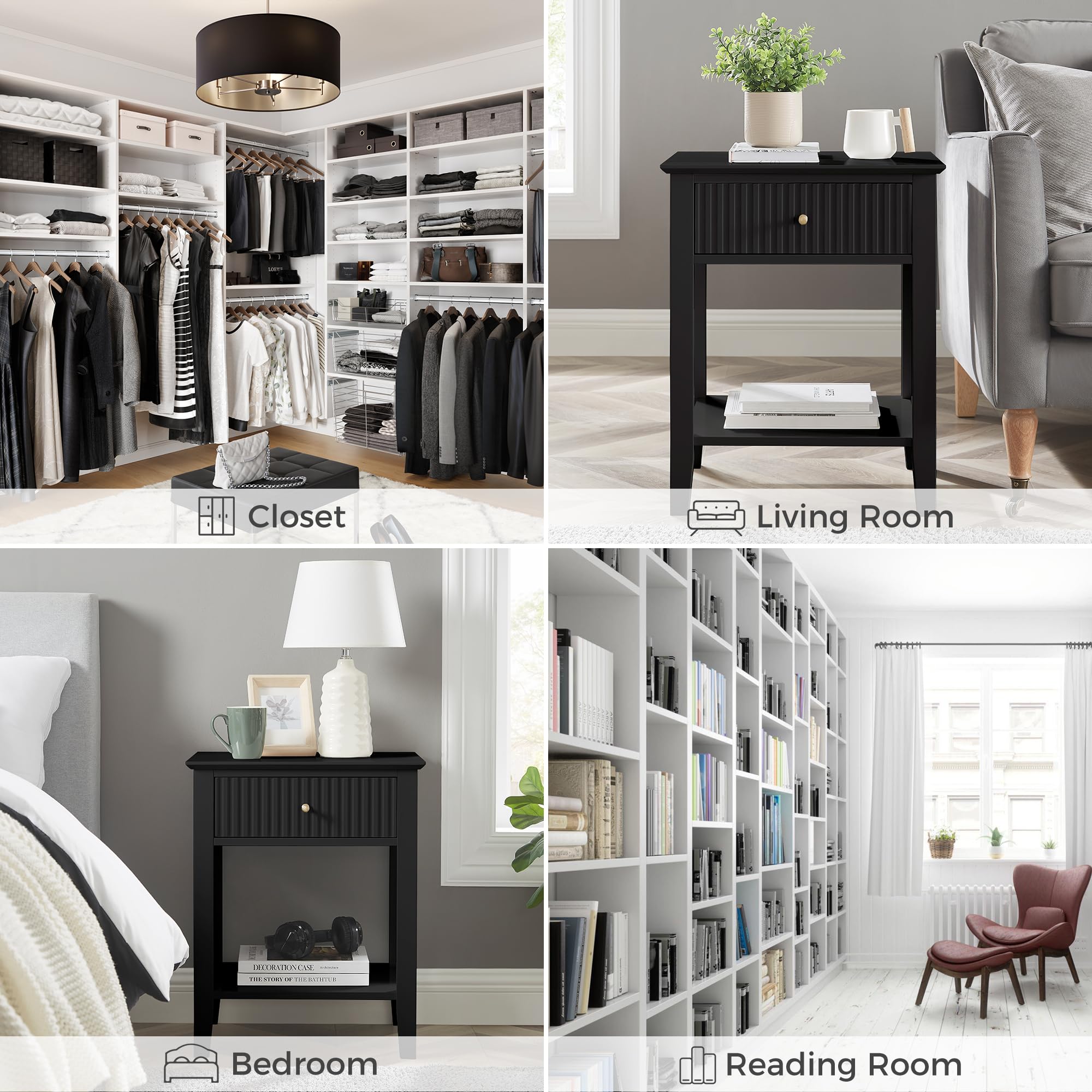 OCANDO Fluted Black Nightstand, 1 Drawer Bedroom 19β Night Stand, Small Bed Side End Table with Storage Shelf for Living Room, Sofa Couch