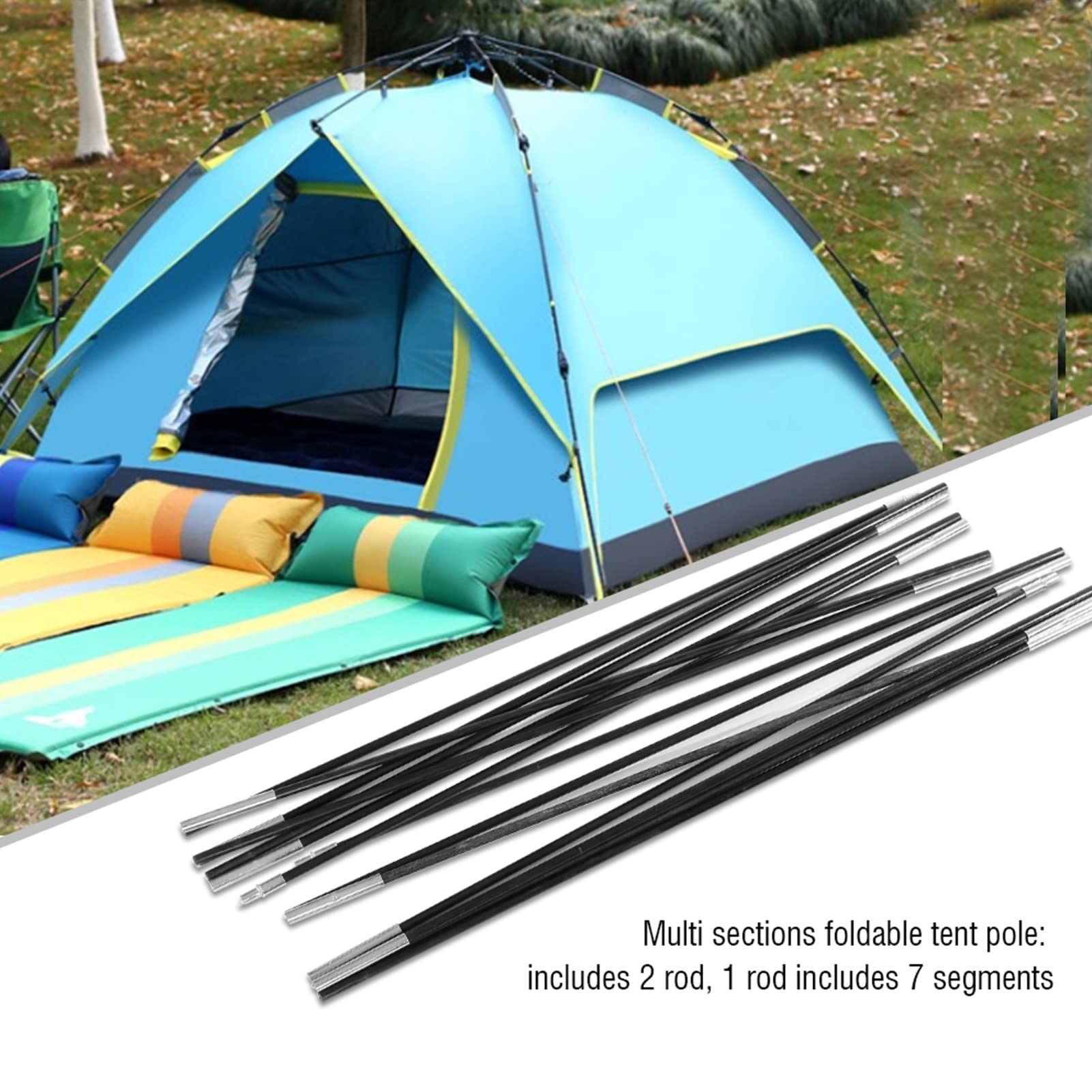 Camping Tent Pole, 3.96 M/13 Ft 2 Sets 7 Sections Portable Fiberglass Tent Support Rod Outdoor Double Tent Pole Frames Kit for Camping Hiking Outdoor Activity