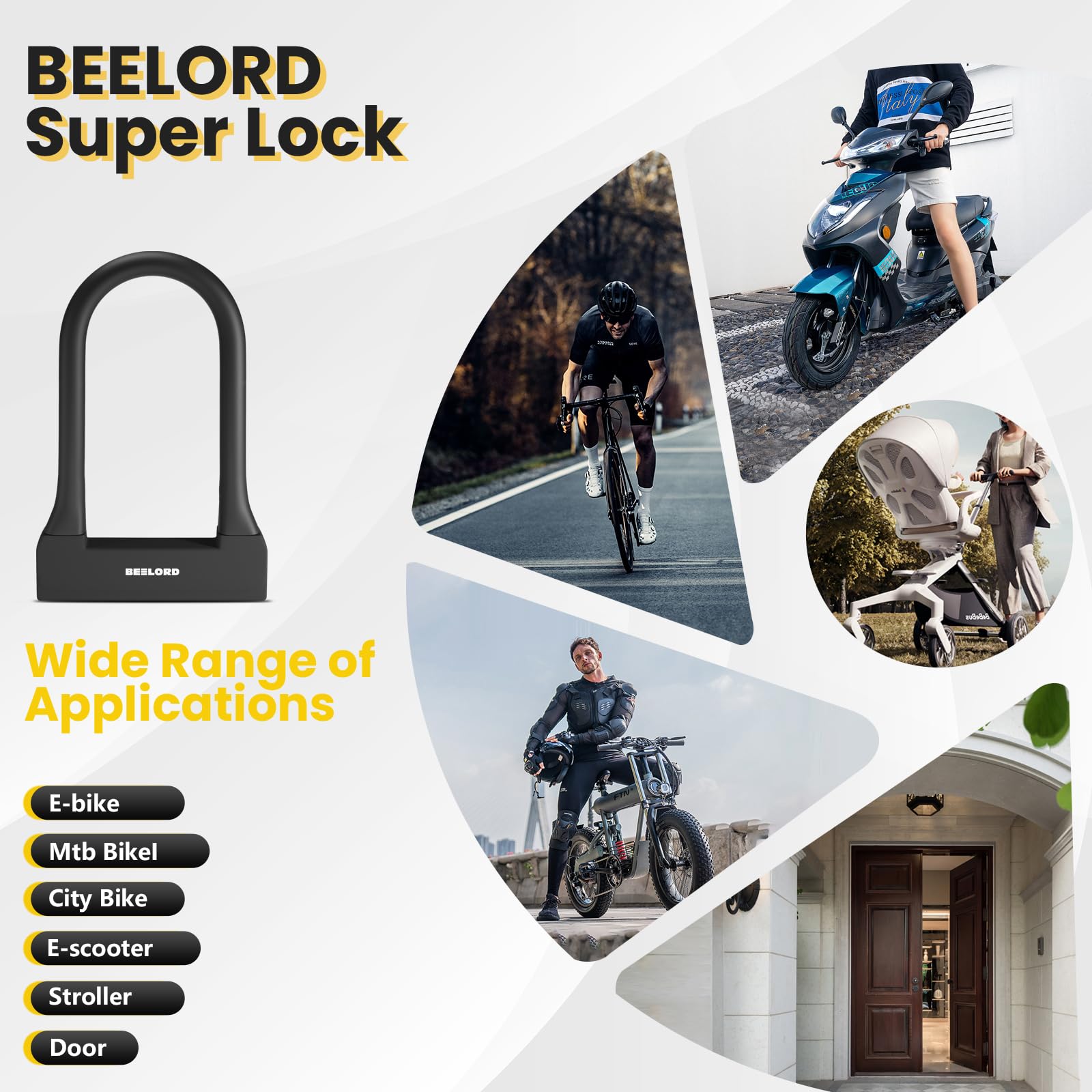 BEELORD Bike U-Lock, Heavy Duty Anti-Theft Bicycle U Lock,Bike U Lock with Cable 17/18mm Shackle with Keys, Security Lock for Bicycles, E-Bikes, Scooters…
