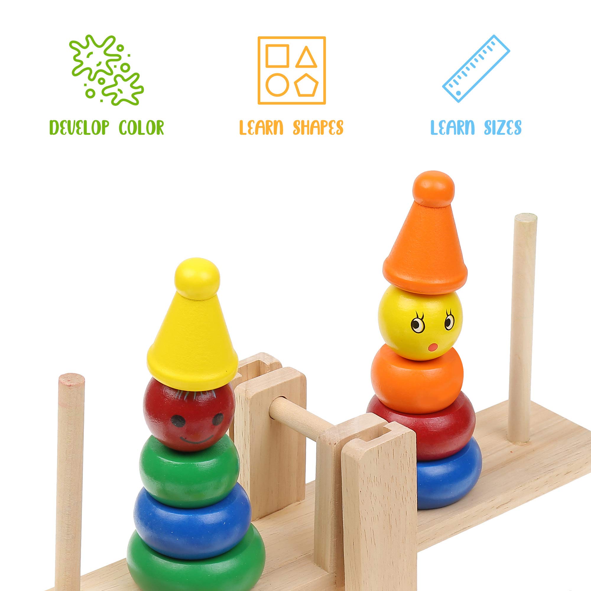 Boxiki kids Wooden Clown Stacking Toy Stack High to Learn and Play. Kids Toys Rainbow Stacking Blocks Ring Tower. A Fun Wooden Ring Stacking Toy for Kids 3 and Up.